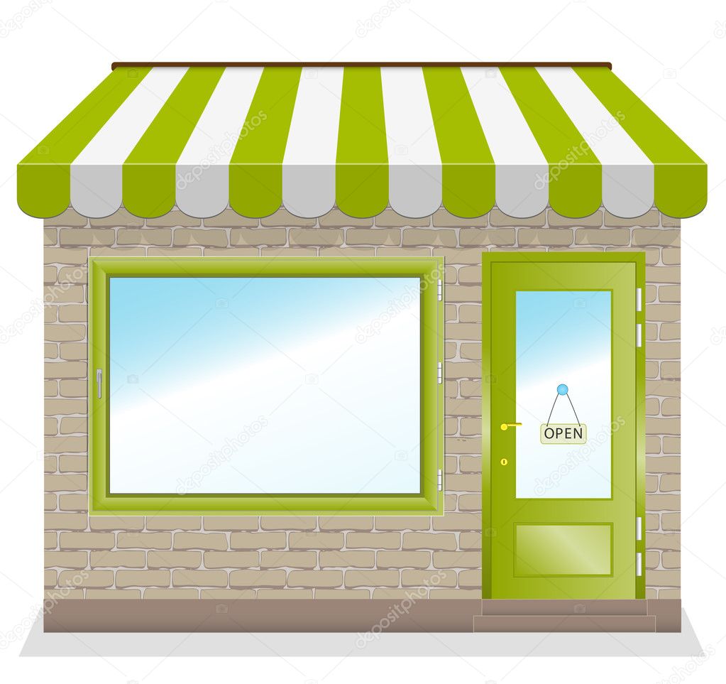 Cute shop icon with green awnings. — Stock Vector © Roxiller #34609549