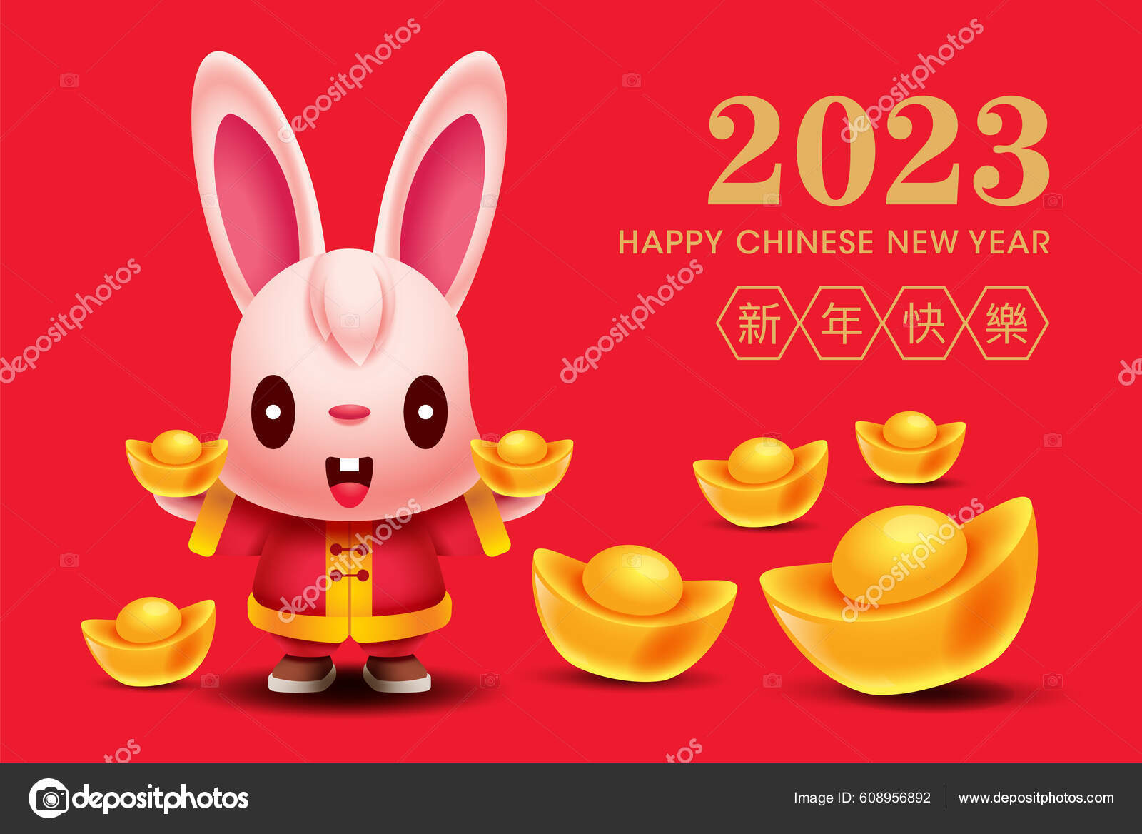 Cartoon Cute Rabbit Holding Gold Ingots Gold Ingots Spread Ground Stock ...