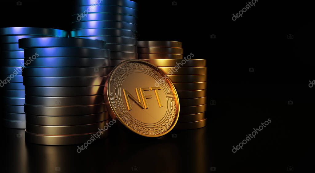 Ficha no fungible de NFT. Cripto moneda. Criptoarte digital. Representación 3D de una moneda con ...