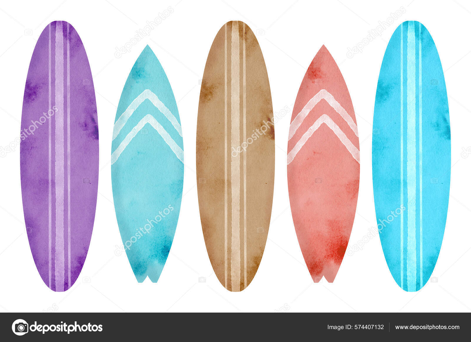 Watercolor Surfboards Illustration Hand Drawn Summer Sport Set Isolated ...