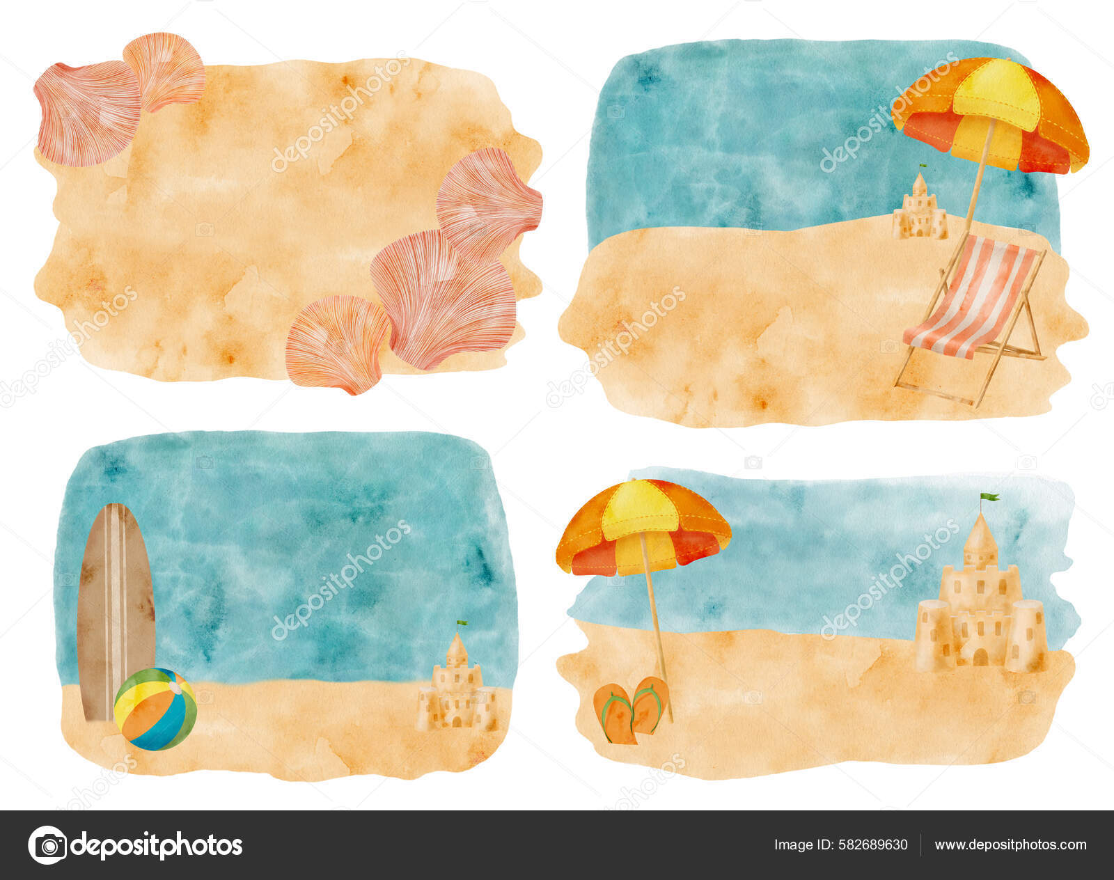 Watercolor Summer Beach Backgrounds Set Hand Drawn Seaside ...