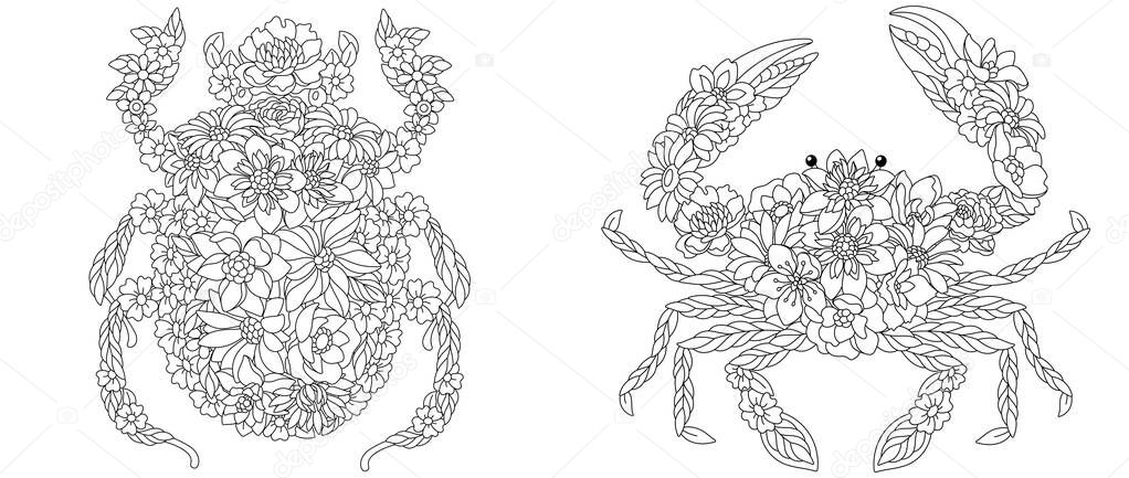 Coloring Pages Set Fantasy Floral Animals Scarab Beetle Crab Flowers ...