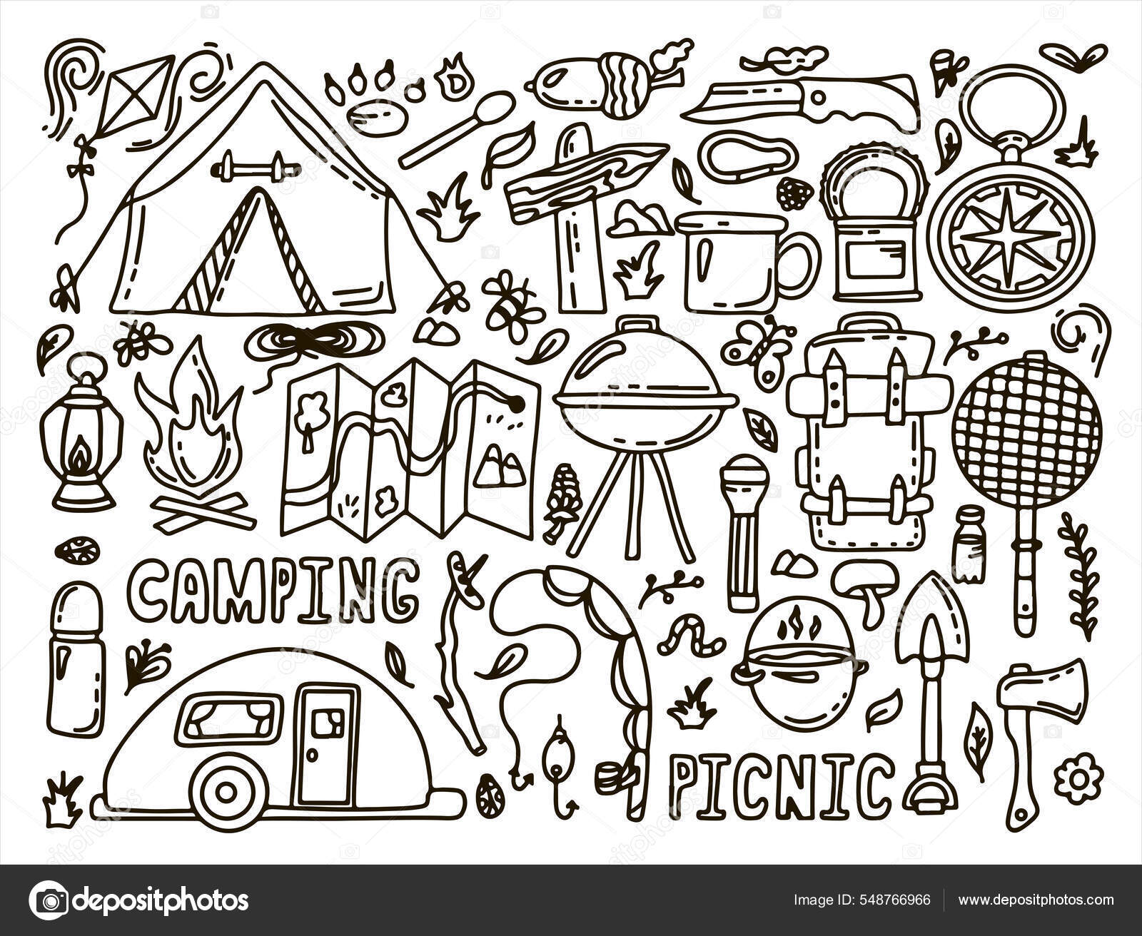 Big Doodle vector camping set. Sketch hiking Icons.Hand draw ...