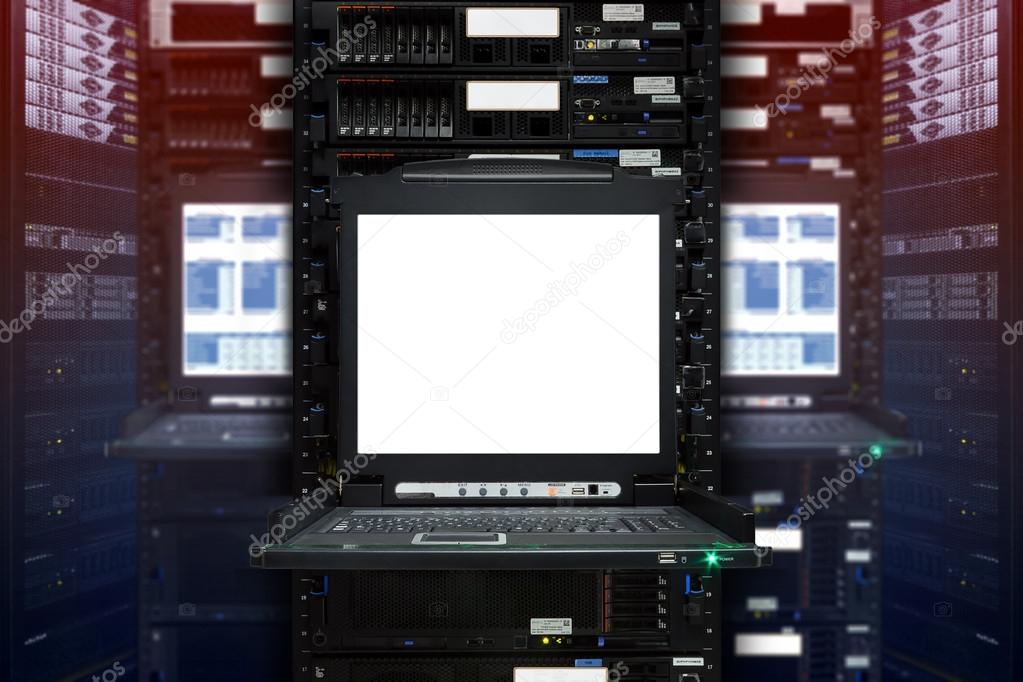 Blank server computer screen in modern interior data Center, server ...