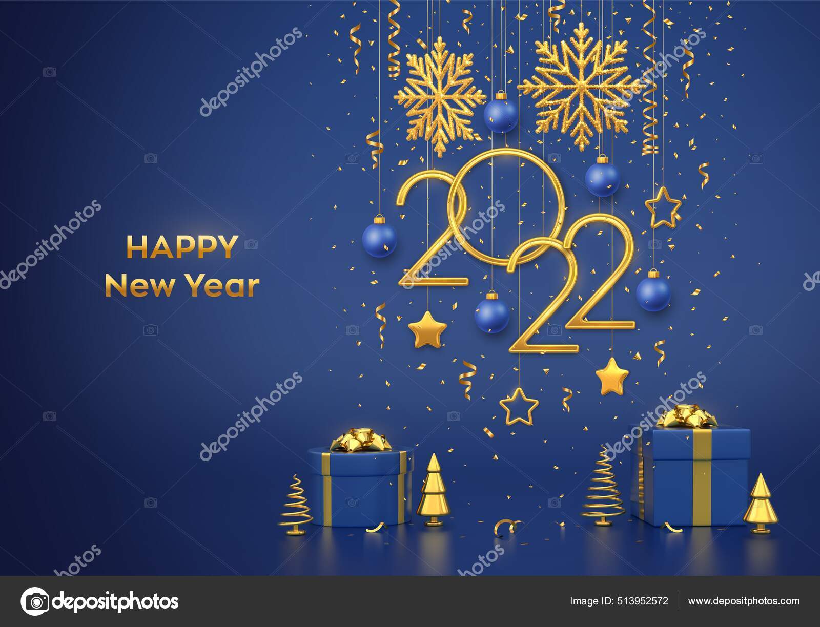 Happy New 2022 Year Hanging Golden Metallic Numbers 2022 Snowflakes Stock Vector Image by ...