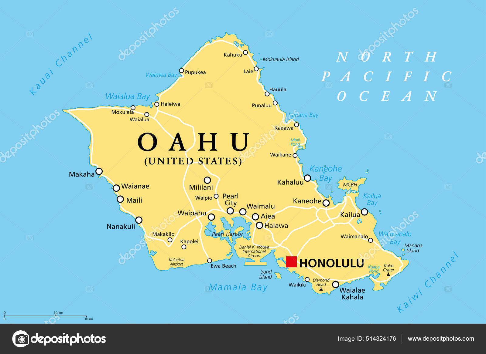 Oahu Havaí Mapa Político Com Capital Honolulu Parte Das Ilhas vetor(es ...