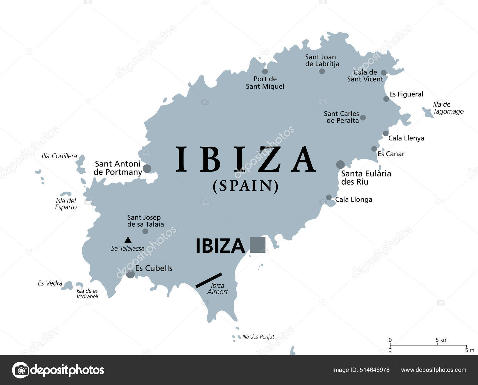 Ibiza Mapa Político Gris Parte Baleares Archipiélago Comunidad Autónoma ...