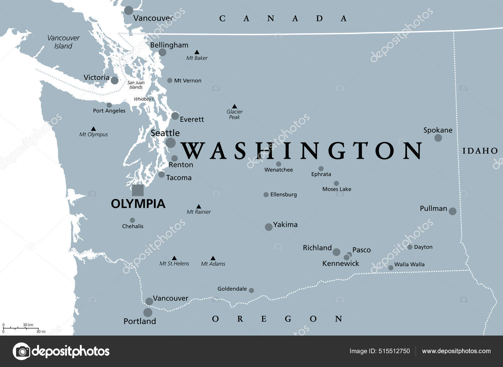 Washington Gray Political Map Capital Olympia State Pacific Northwest ...