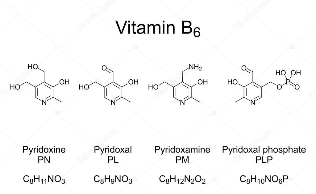 Vitamina B6, fórmulas químicas y estructuras. Los cuatro vitaminas más ...