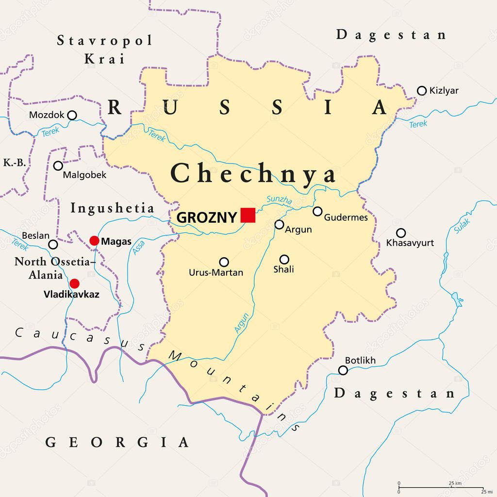 Chechenia, mapa político, con capital Grozni y fronteras. República de ...