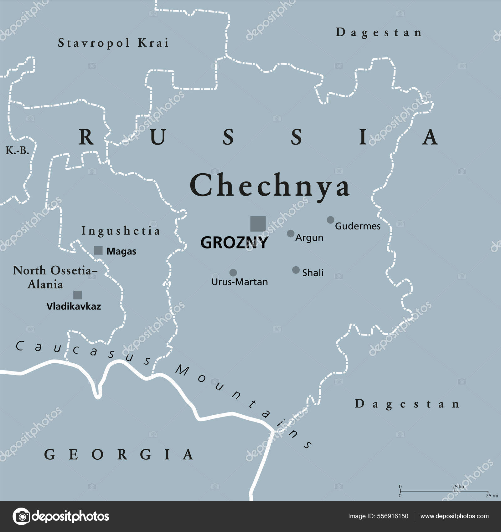 Chechénia Mapa Político Cinzento Com Capital Grozny Fronteiras ...