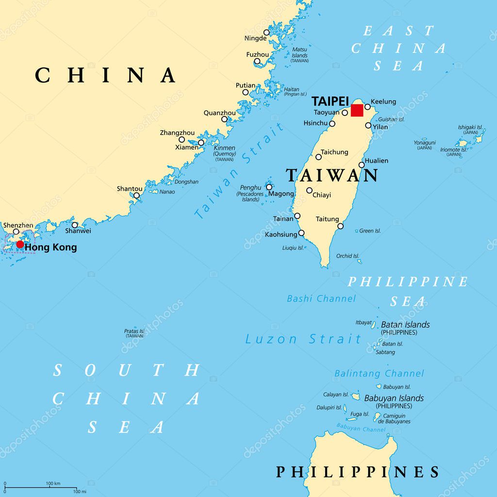 Taiwan Área, mapa político con la capital Taipei. Área Libre de la ...