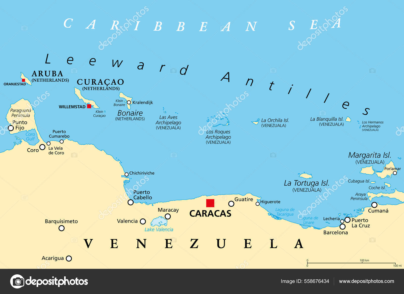 Mapa Político Leeward Antilles Cadeia Ilhas Caribe Aruba Curaçao ...