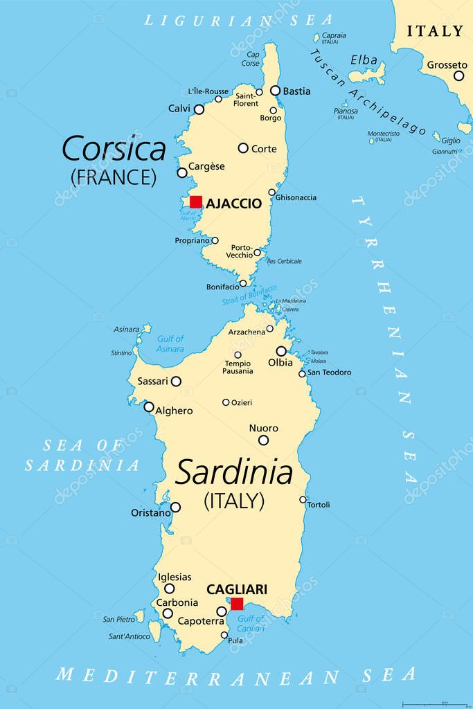Córcega y Cerdeña, mapa político. Islas francesas e italianas, con las ...