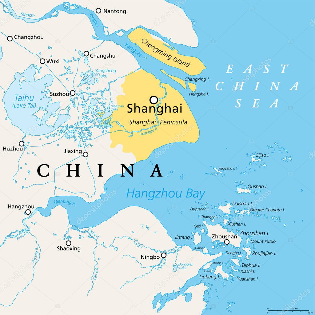 Shanghai y el delta del río Yangtze, mapa político con las principales ...