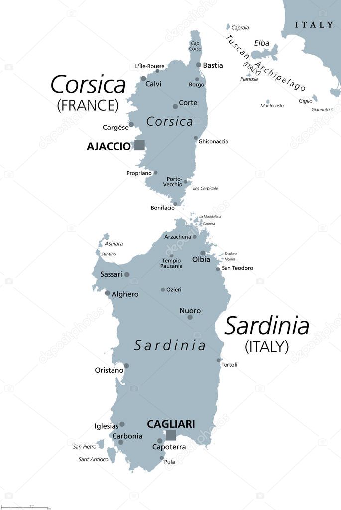 Córcega y Cerdeña, mapa político gris. Islas francesas e italianas, con ...