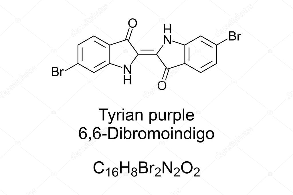 Tyrian purple, 6,6-Dibromoindigo, chemical formula and structure. Also ...