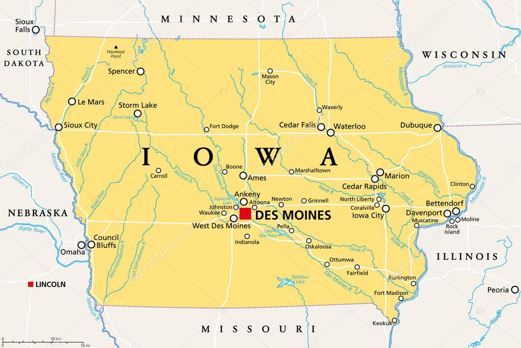 Iowa, IA, political map, with the capital Des Moines and most important ...