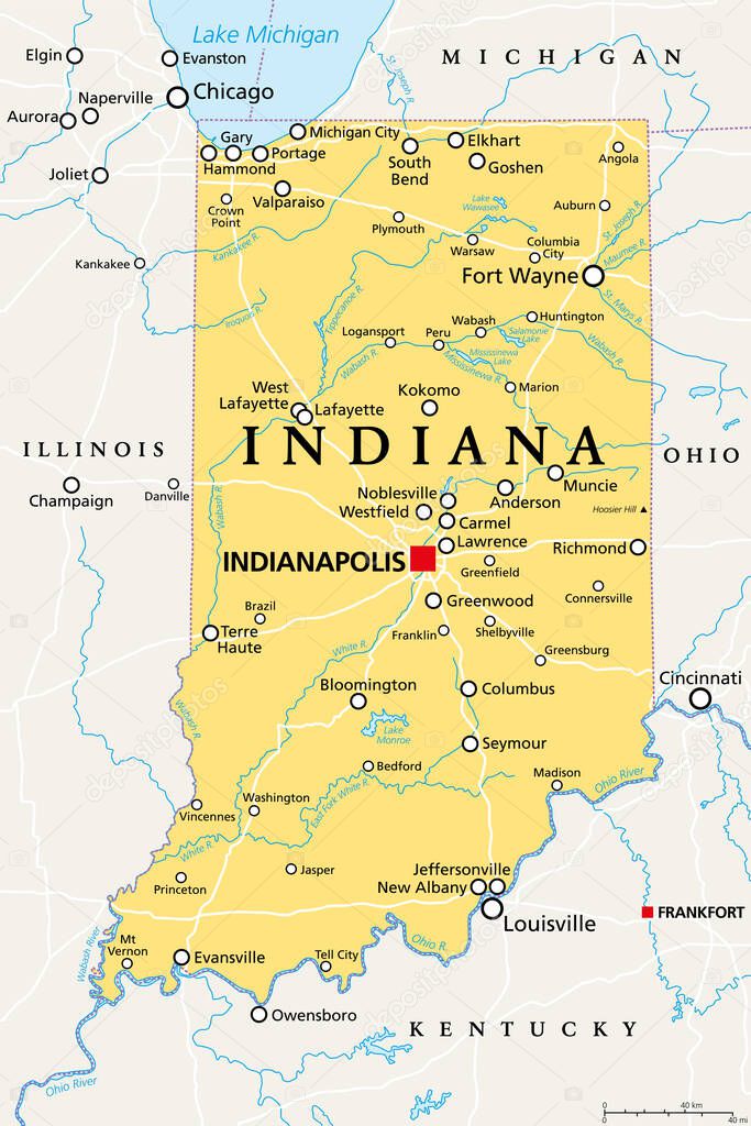 Indiana, IN, political map, with the capital Indianapolis, and most ...