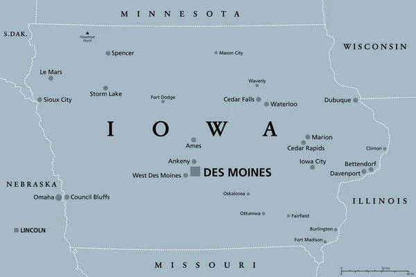 Iowa, IA, mapa político gris, con la capital Des Moines y las ciudades ...