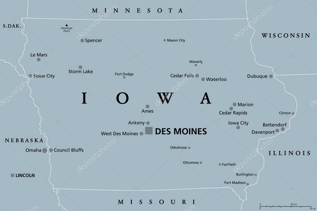 Iowa, IA, mapa político gris, con la capital Des Moines y las ciudades ...