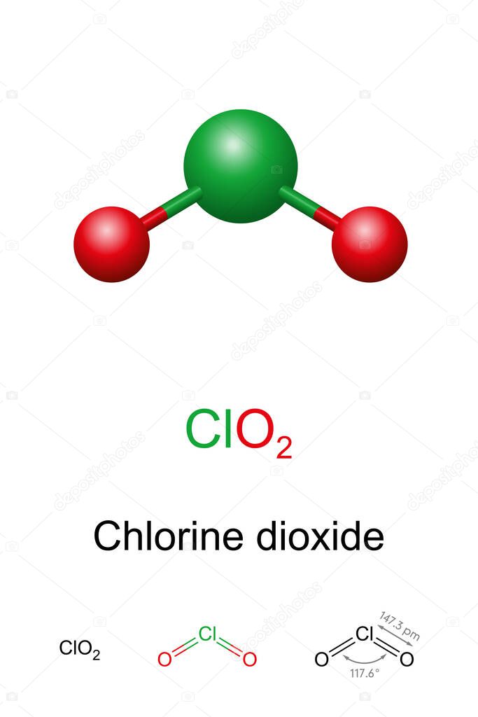 Di xido de cloro, modelo de bola y palo, f rmula molecular y qu mica. Compuesto qu mico con f ...