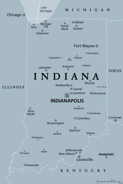 Indiana, IN, mapa político gris con la capital Indianápolis, y las ...