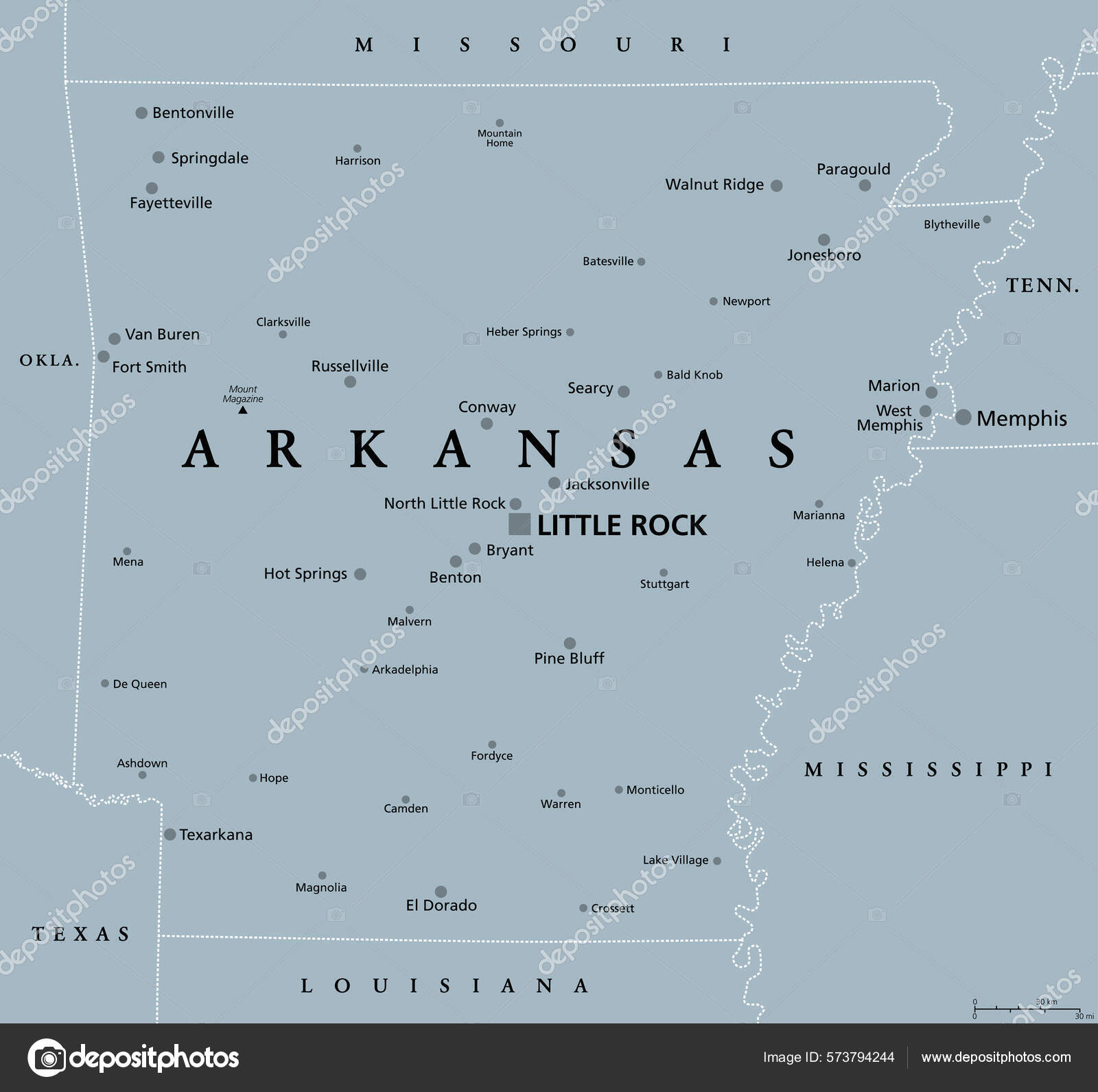 Arkansas Gray Political Map Capital Little Rock Large Important Cities ...
