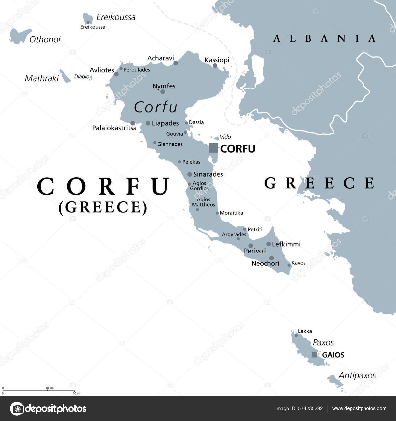 Corfu Island Greece Gray Political Map Also Kerkyra Greek Island Stock ...