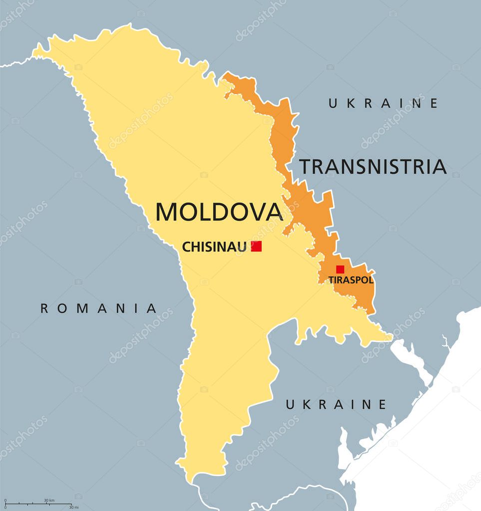 Moldova and Transnistria, political map. Republic of Moldova, with ...
