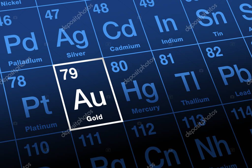 Oro sobre tabla periódica de los elementos. Metales preciosos con ...