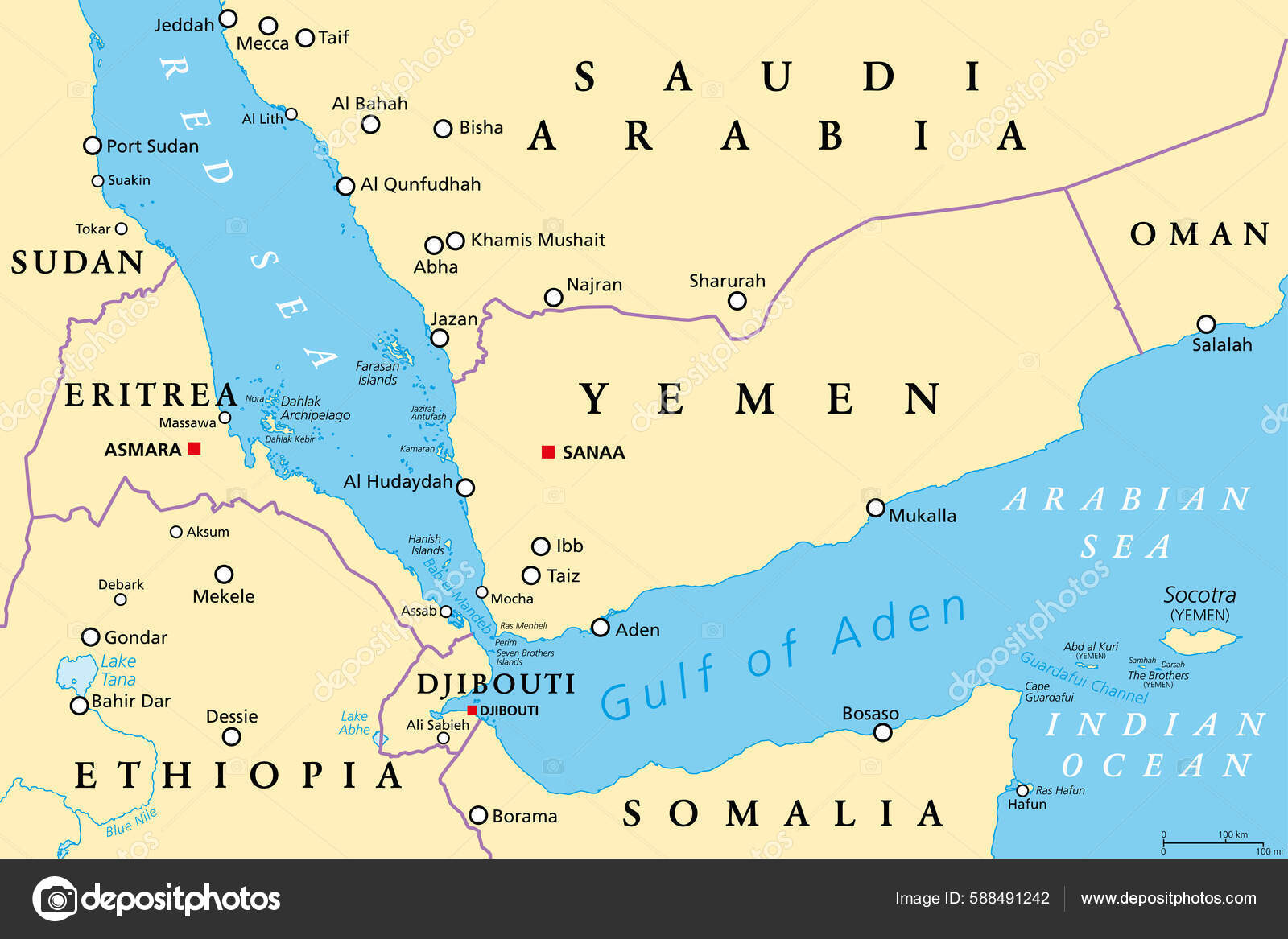 Gulf Aden Area Political Map Deepwater Gulf Yemen Djibouti Guardafui ...