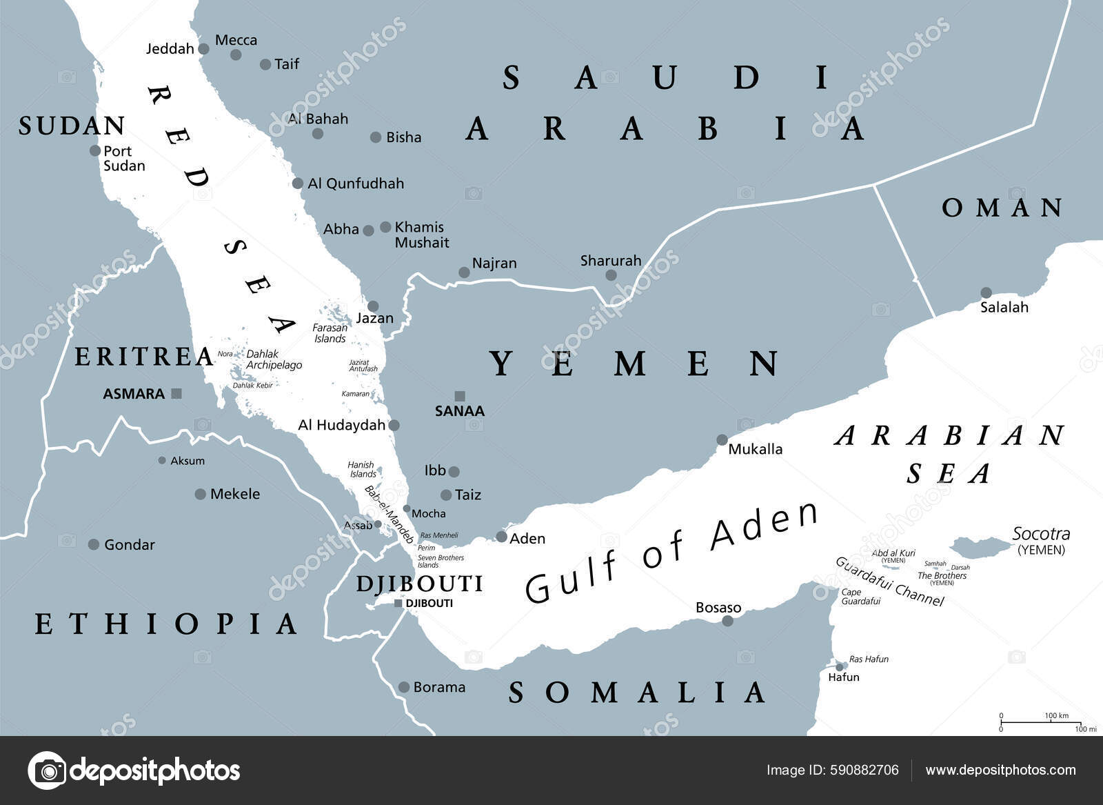 Gulf Aden Area Gray Political Map Deepwater Gulf Yemen Djibouti 스톡 벡터 ...