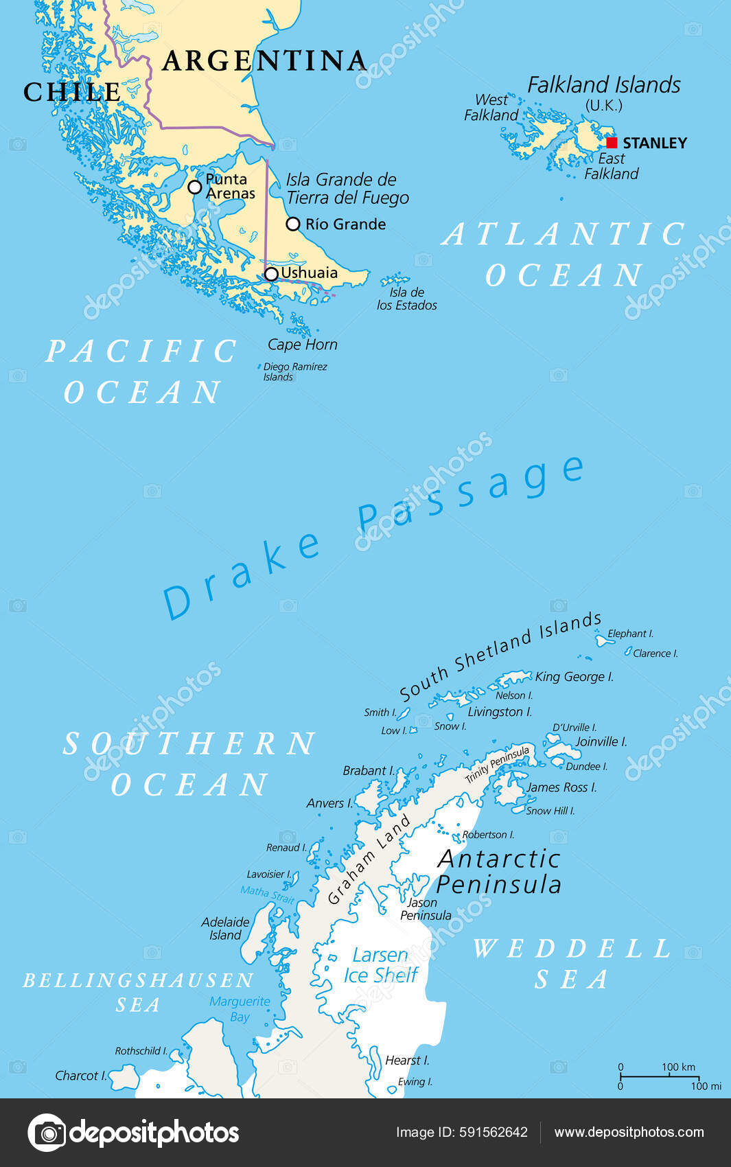 Drake Passage Political Map Mar Hoces Hoces Sea Body Water Stock Vektor ...