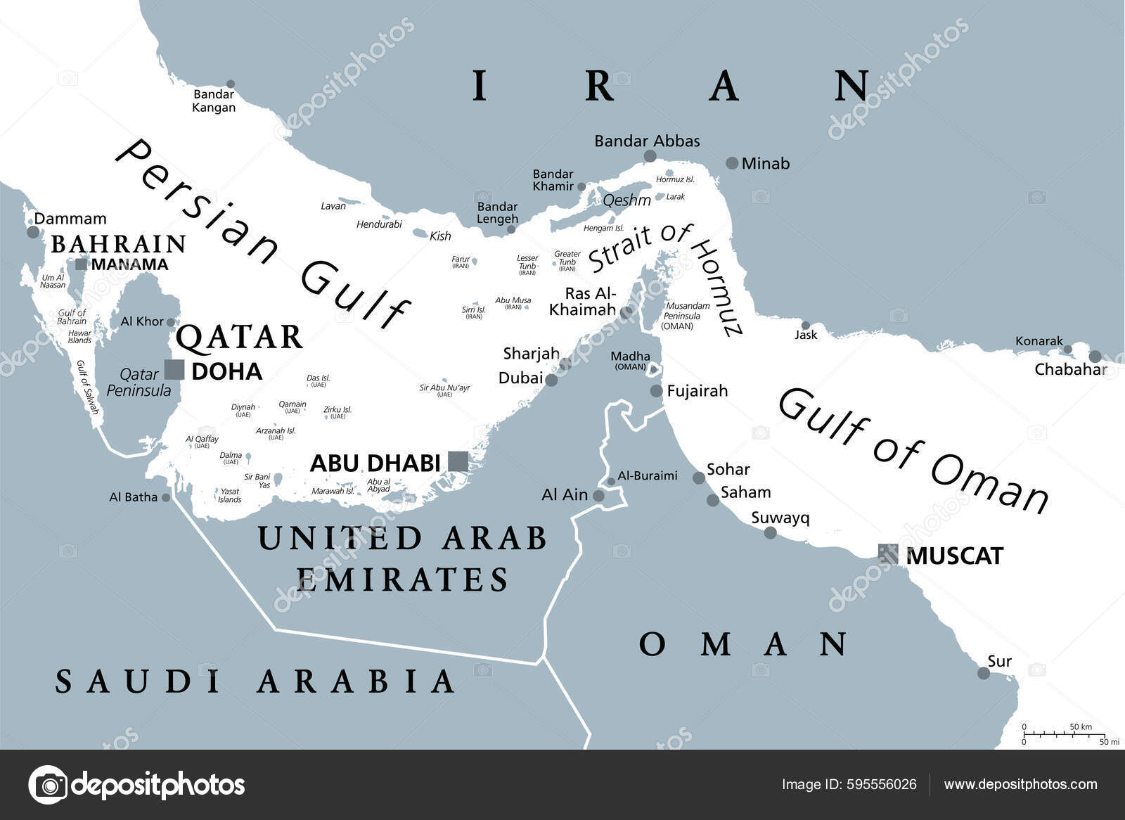 Strait Hormuz Gray Political Map Waterway Persian Gulf Gulf Oman Vector ...