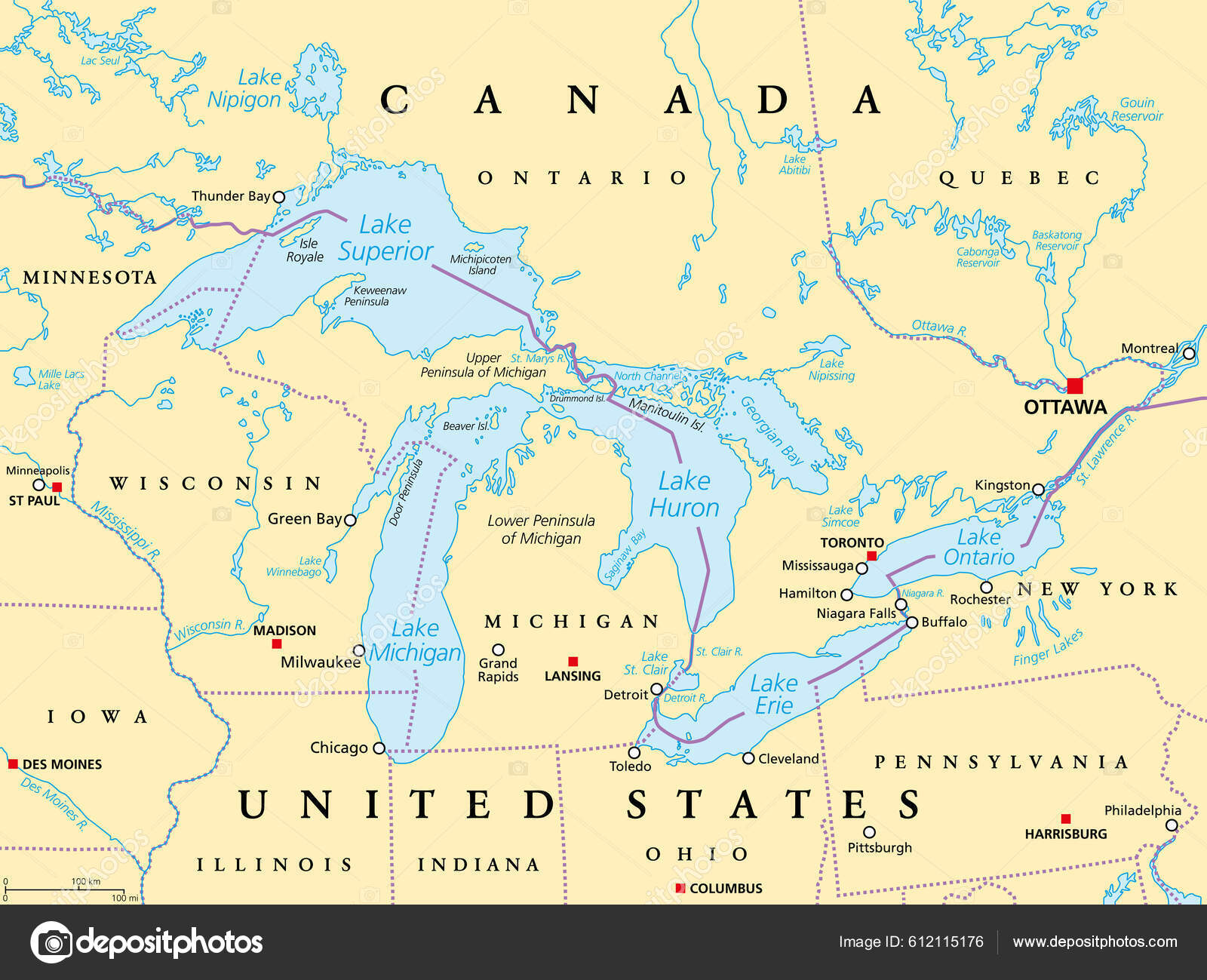 Store Søer Nordamerika Politisk Kort Søernes Superior Michigan Huron ...