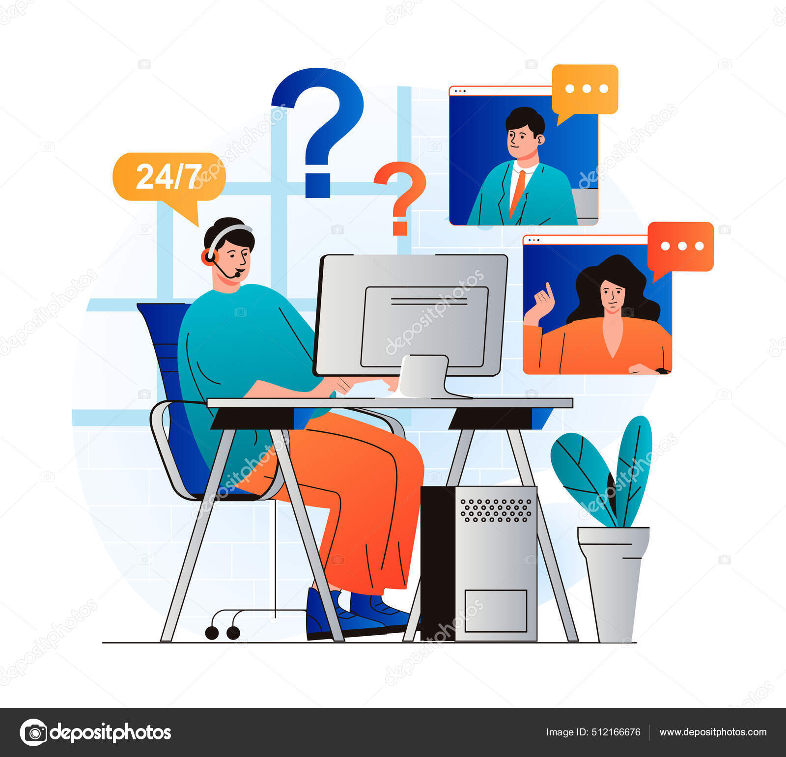 Virtual assistant concept in modern flat design. Man operator with ...