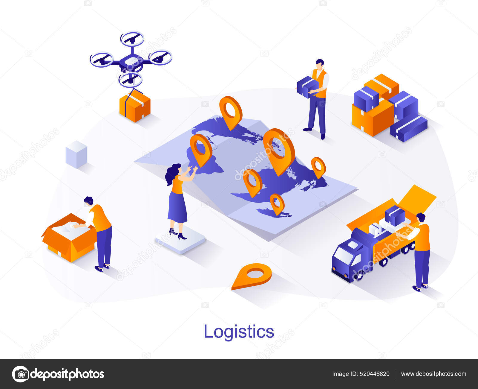 Logística conceito web isométrico. Pessoas segurando pacotes e caixas ...