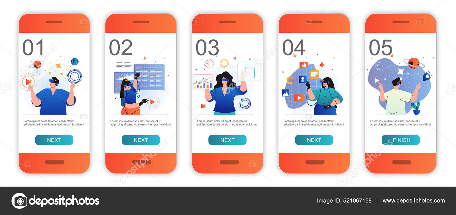 Cyberspace concept onboarding screens for mobile app templates. Virtual ...