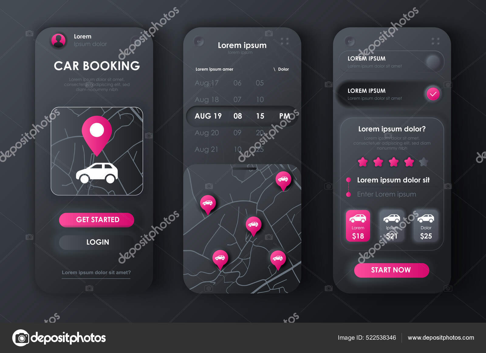 Car booking concept neumorphic templates set. Transportation services ...