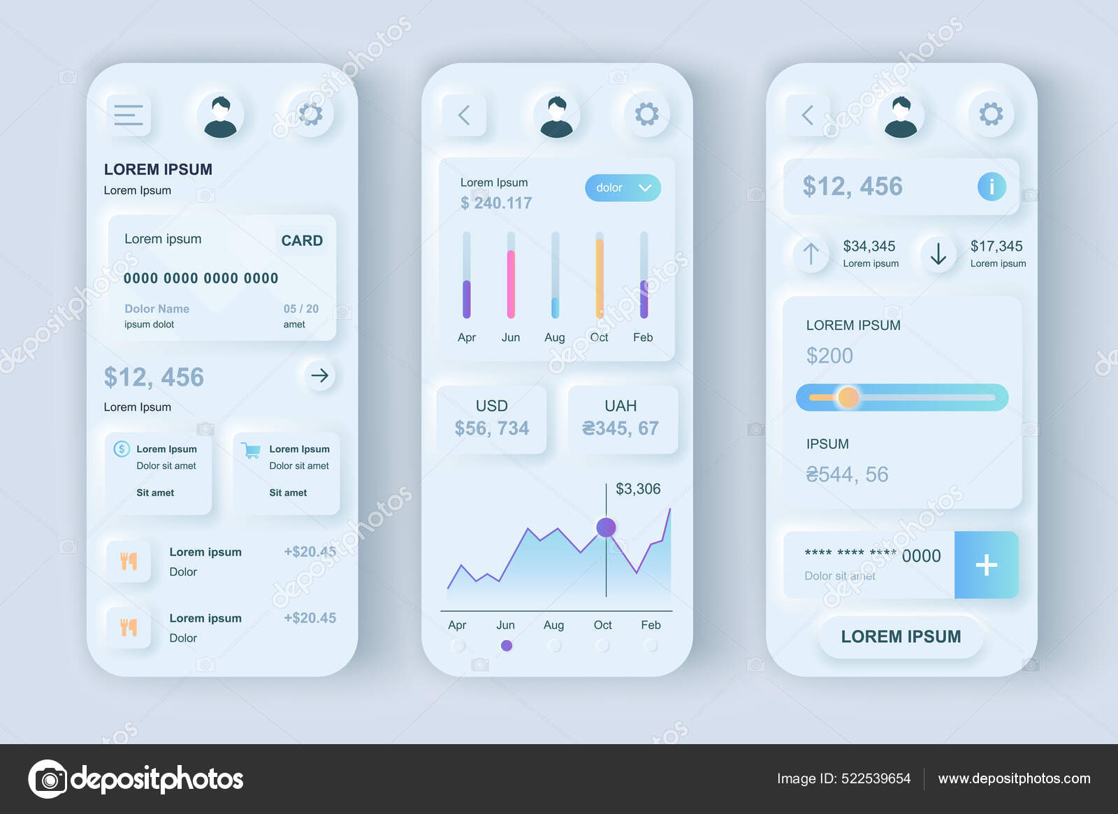 금융 서비스는 맵시있는 템플릿을 설정 한다 금융 계좌 관리와 통계 시각화 Ui Ux Gui 화면에 반응하는 모바일 앱을