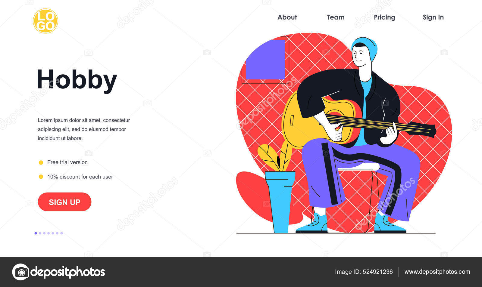 Hobby web banner concept. Man is learning to play guitar. Young guy ...