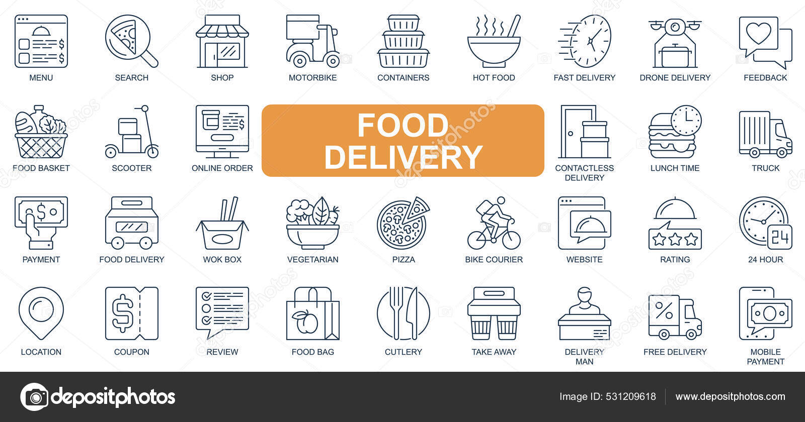 Food delivery concept simple line icons set. Bundle of menu, search ...