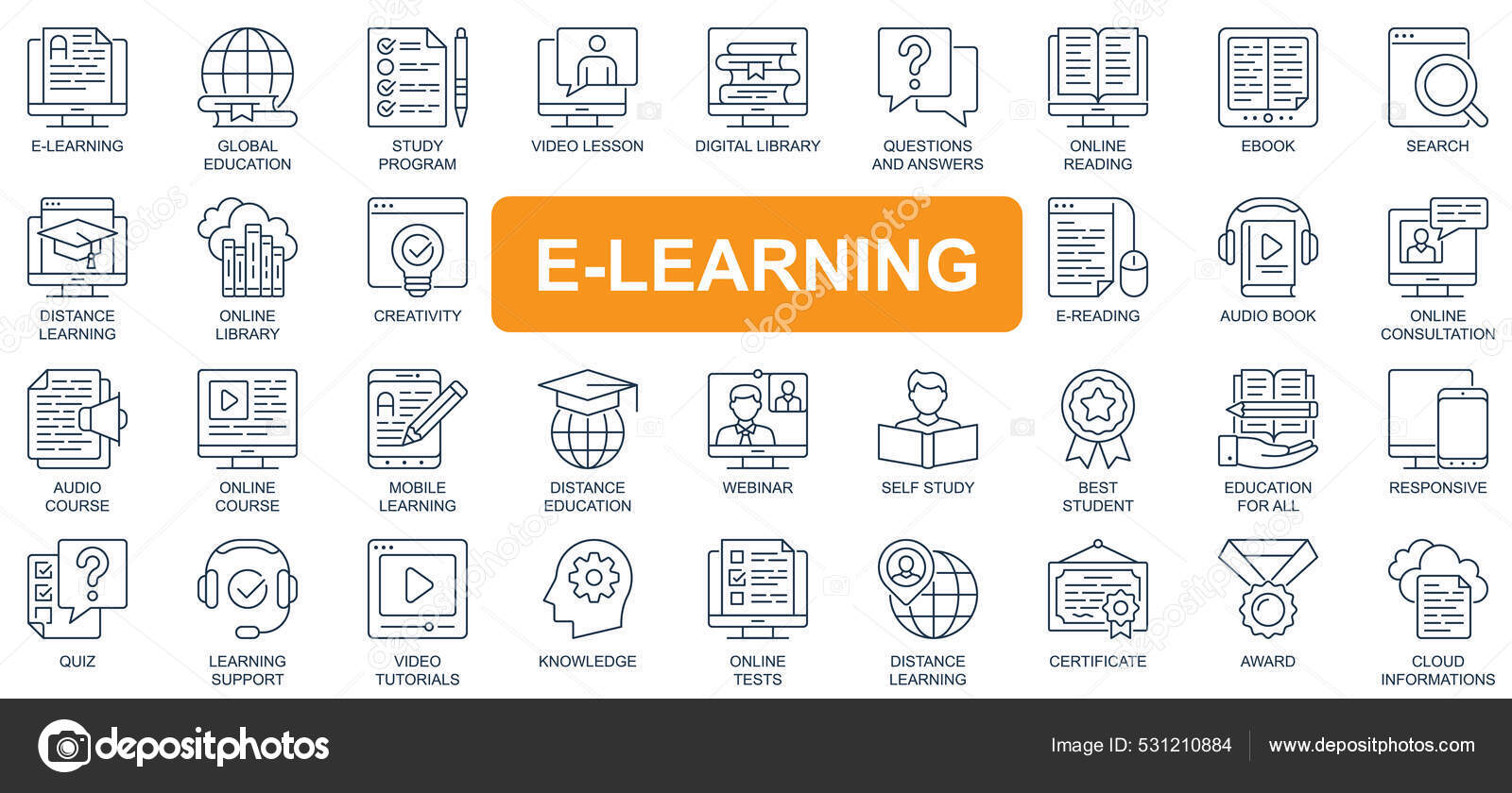 E-learning concept simple line icons set. Bundle of global education ...