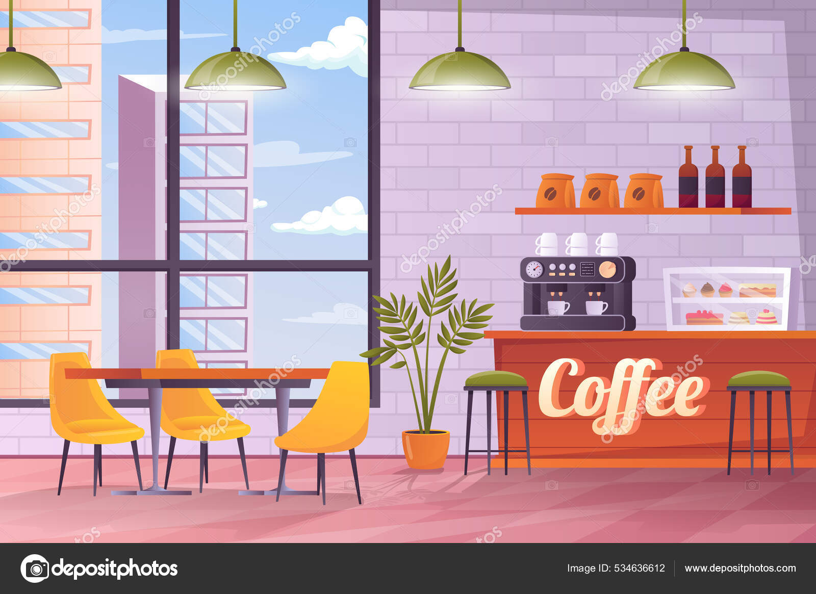 Cafetería concepto de interior en diseño plano de dibujos animados ...