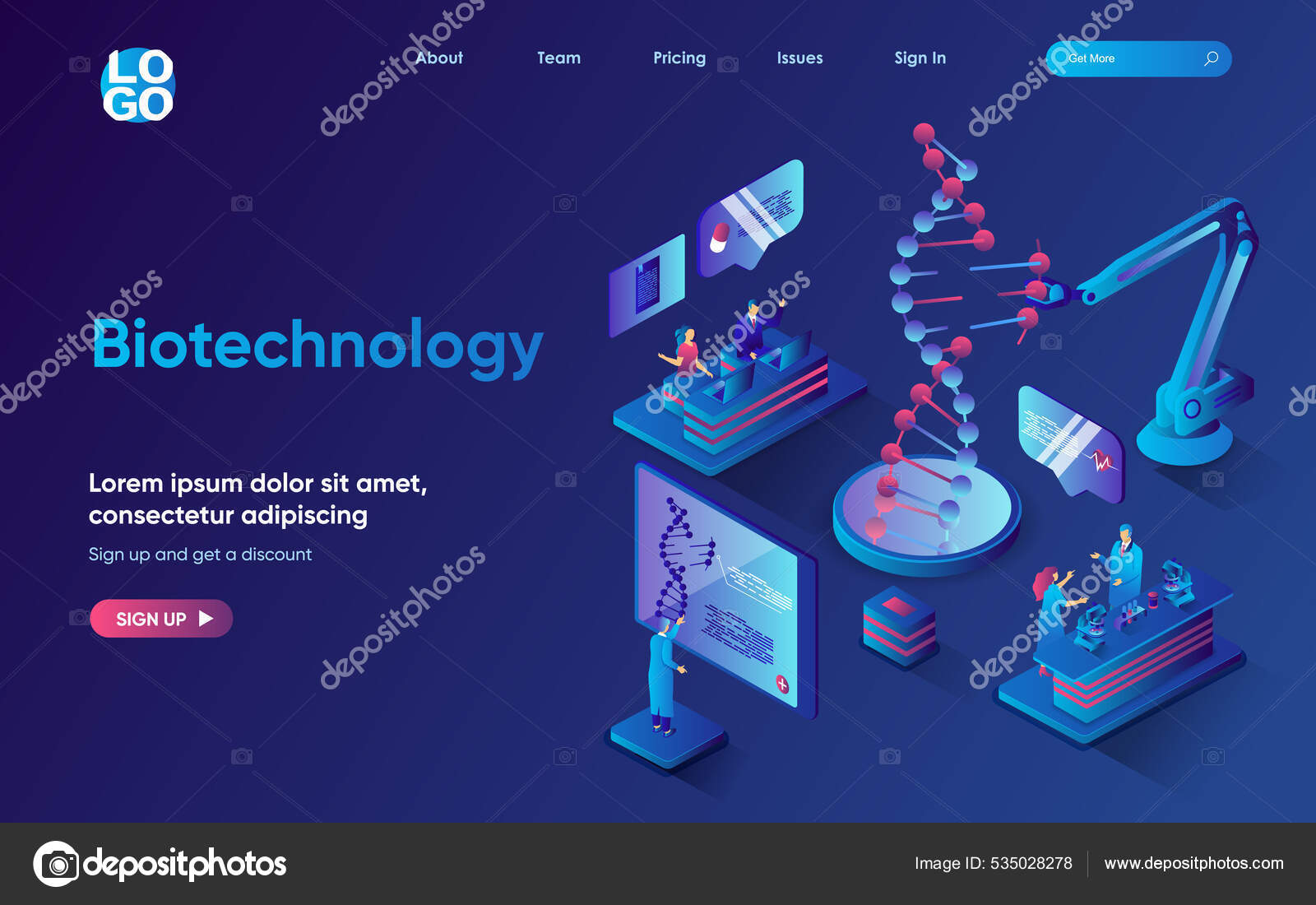 Biotechnology concept isometric landing page. Scientist team working ...