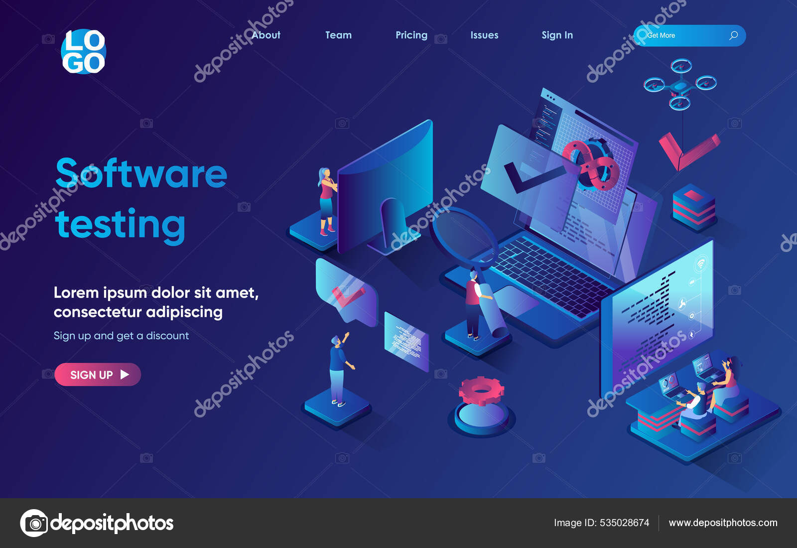 Software testing concept isometric landing page. Team develops and ...