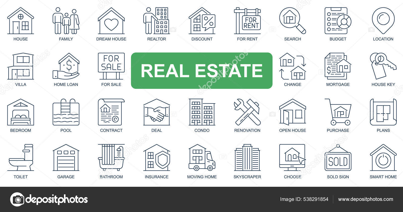 Real estate concept simple line icons set. Pack outline pictograms of ...