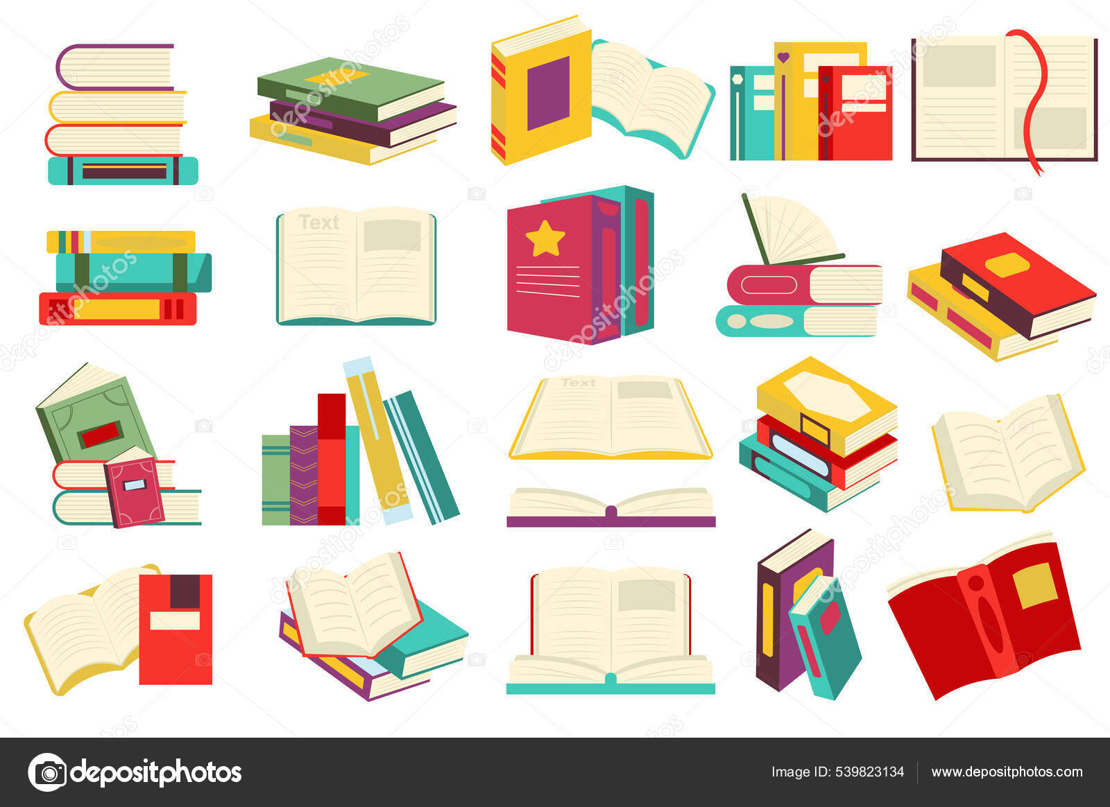 Reading book set in flat cartoon design. Stacks of books or textbook ...