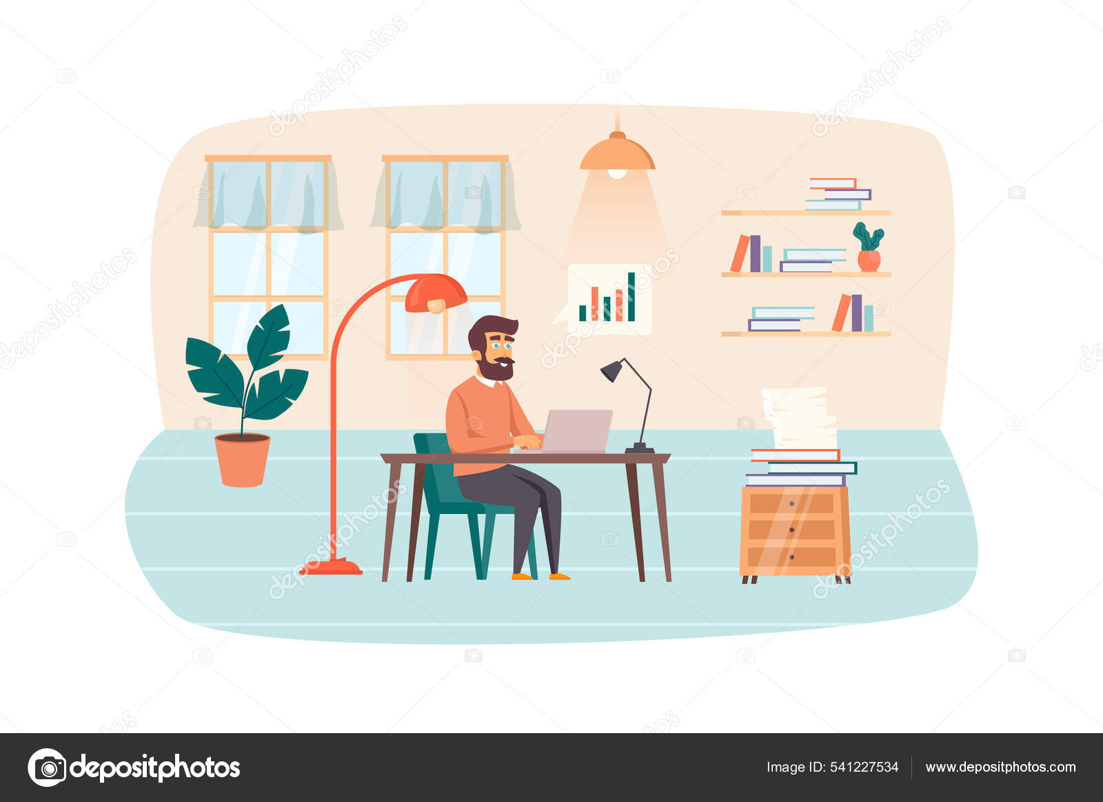 Content manager working on laptop at office scene. Man analyzes site ...